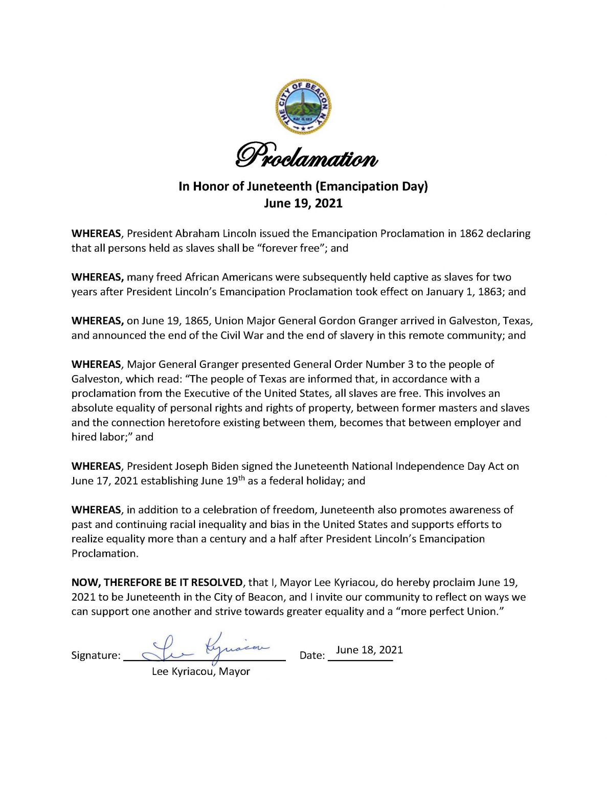 Mayor Kyriacou Proclaims Juneteenth in Beacon — City of Beacon